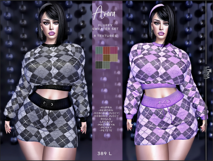 Second Life Marketplace - Anora Argyle Fluffy Sweater Set, 8 Texture Pack, Kupra, Reborn Juicy ...